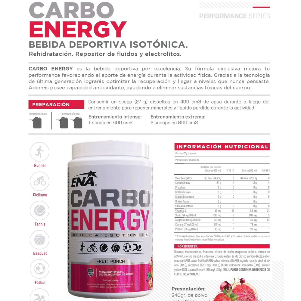 Bebida Deportiva Isotónica Carbo Energy Fruit Punch 540g - Farmacias Vilela